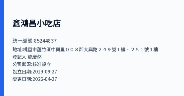 鑫鴻昌小吃店的照片-統編 85244837(桃園市) 公司登記資料與營業項目詳細圖表