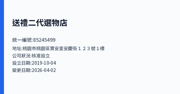 送禮二代選物店的照片-統編 85245499(桃園市) 公司登記資料與營業項目詳細圖表