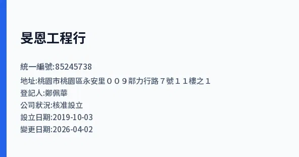 旻恩工程行的照片-統編 85245738(桃園市) 公司登記資料與營業項目詳細圖表
