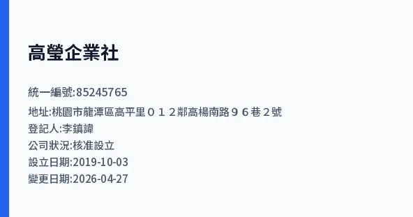 高瑩企業社的照片-統編 85245765(桃園市) 公司登記資料與營業項目詳細圖表