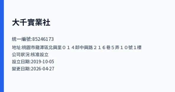 大千實業社的照片-統編 85246173(桃園市) 公司登記資料與營業項目詳細圖表