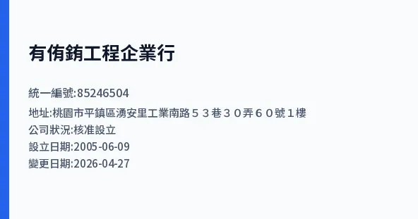 有侑銪工程企業行的照片-統編 85246504(桃園市) 公司登記資料與營業項目詳細圖表