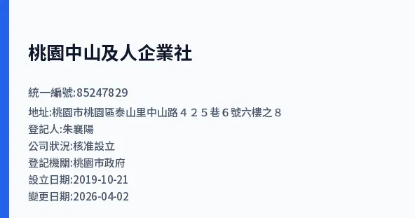 桃園中山及人企業社的照片-統編 85247829(桃園市) 公司登記資料與營業項目詳細圖表