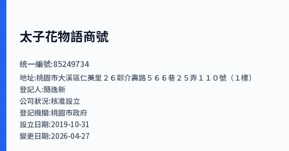 太子花物語商號的照片-統編 85249734(桃園市) 公司登記資料與營業項目詳細圖表
