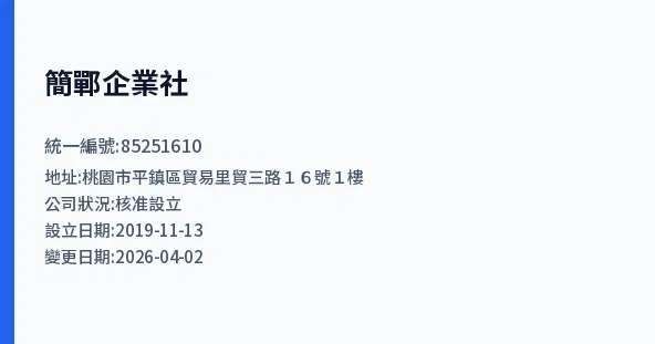 簡鄲企業社的照片-統編 85251610(桃園市) 公司登記資料與營業項目詳細圖表