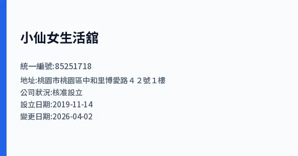 小仙女生活舘的照片-統編 85251718(桃園市) 公司登記資料與營業項目詳細圖表