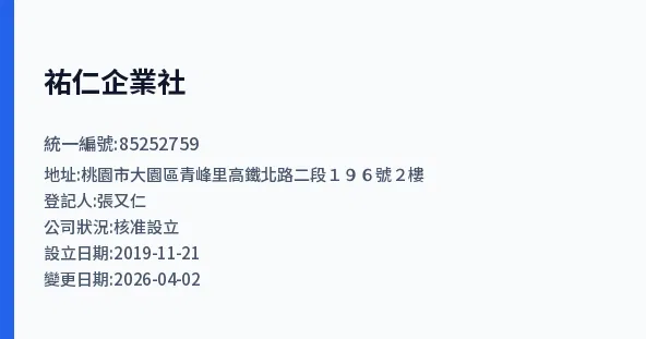 祐仁企業社的照片-統編 85252759(桃園市) 公司登記資料與營業項目詳細圖表