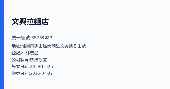 文興拉麵店的照片-統編 85253482(桃園市) 公司登記資料與營業項目詳細圖表