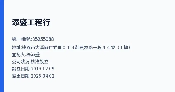添盛工程行的照片-統編 85255088(桃園市) 公司登記資料與營業項目詳細圖表