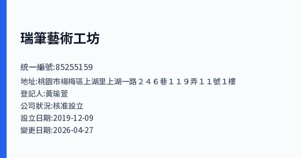 瑞筆藝術工坊的照片-統編 85255159(桃園市) 公司登記資料與營業項目詳細圖表