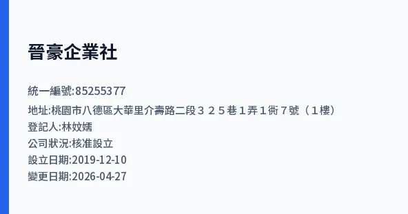 晉豪企業社的照片-統編 85255377(桃園市) 公司登記資料與營業項目詳細圖表