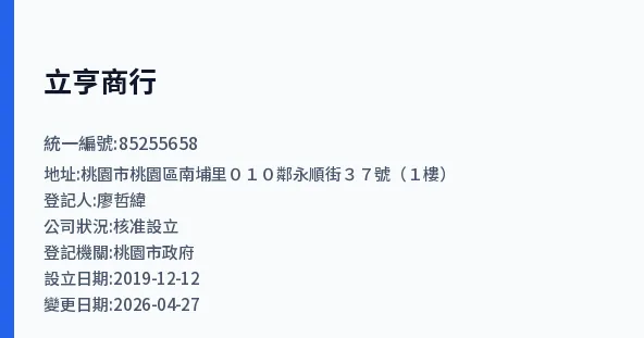 立亨商行的照片-統編 85255658(桃園市) 公司登記資料與營業項目詳細圖表