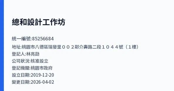 總和設計工作坊的照片-統編 85256684(桃園市) 公司登記資料與營業項目詳細圖表