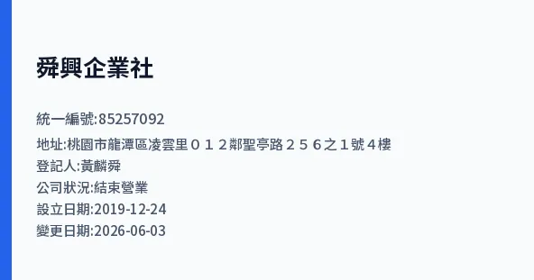 舜興企業社的照片-統編 85257092(桃園市) 公司登記資料與營業項目詳細圖表