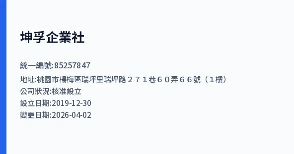 坤孚企業社的照片-統編 85257847(桃園市) 公司登記資料與營業項目詳細圖表