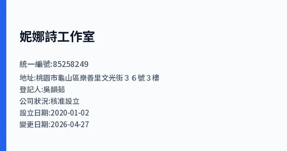 妮娜詩工作室的照片-統編 85258249(桃園市) 公司登記資料與營業項目詳細圖表