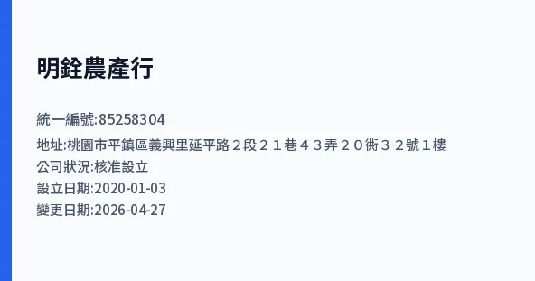 明銓農產行的照片-統編 85258304(桃園市) 公司登記資料與營業項目詳細圖表