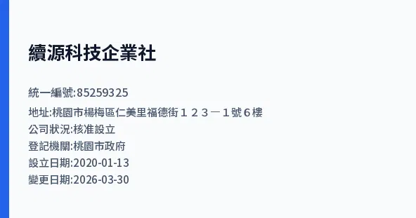續源科技企業社的照片-統編 85259325(桃園市) 公司登記資料與營業項目詳細圖表