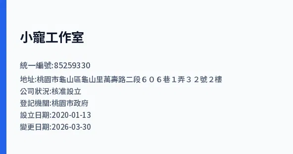 小寵工作室的照片-統編 85259330(桃園市) 公司登記資料與營業項目詳細圖表