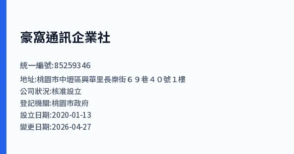 豪窩通訊企業社的照片-統編 85259346(桃園市) 公司登記資料與營業項目詳細圖表