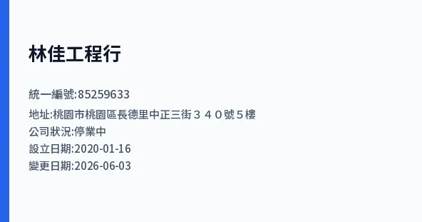 林佳工程行的照片-統編 85259633(桃園市) 公司登記資料與營業項目詳細圖表