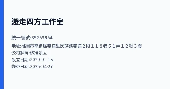 遊走四方工作室的照片-統編 85259654(桃園市) 公司登記資料與營業項目詳細圖表