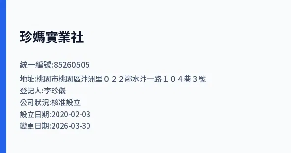 珍媽實業社的照片-統編 85260505(桃園市) 公司登記資料與營業項目詳細圖表