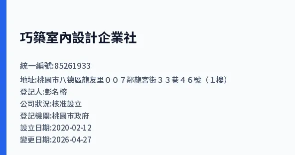 巧築室內設計企業社的照片-統編 85261933(桃園市) 公司登記資料與營業項目詳細圖表