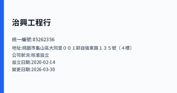 治興工程行的照片-統編 85262356(桃園市) 公司登記資料與營業項目詳細圖表