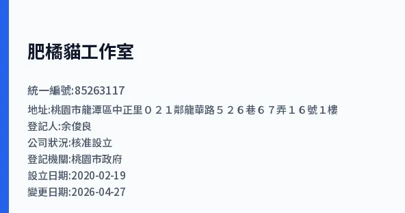 肥橘貓工作室的照片-統編 85263117(桃園市) 公司登記資料與營業項目詳細圖表
