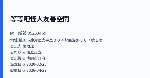 等等吧怪人友善空間的照片-統編 85263469(桃園市) 公司登記資料與營業項目詳細圖表