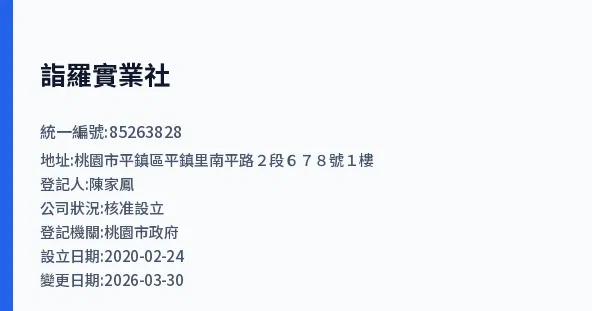 詣羅實業社的照片-統編 85263828(桃園市) 公司登記資料與營業項目詳細圖表
