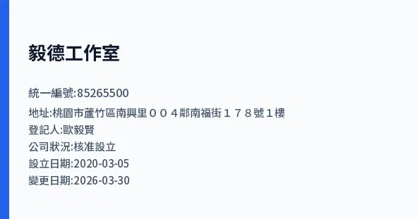 毅德工作室的照片-統編 85265500(桃園市) 公司登記資料與營業項目詳細圖表