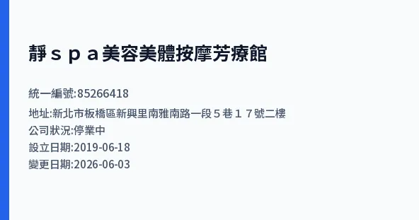 靜spa美容美體按摩芳療館的照片-統編 85266418(新北市) 公司登記資料與營業項目詳細圖表