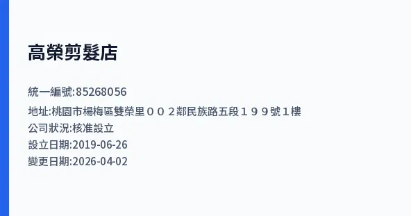 高榮剪髮店的照片-統編 85268056(桃園市) 公司登記資料與營業項目詳細圖表