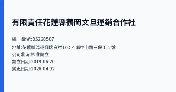 有限責任花蓮縣鶴岡文旦運銷合作社的照片-統編 85268507(花蓮縣) 公司登記資料與營業項目詳細圖表