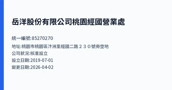 岳洋股份有限公司桃園經國營業處的照片-統編 85270270(桃園市) 公司登記資料與營業項目詳細圖表