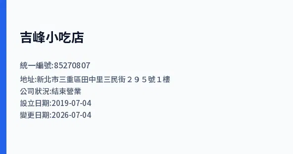 吉峰小吃店的照片-統編 85270807(新北市) 公司登記資料與營業項目詳細圖表