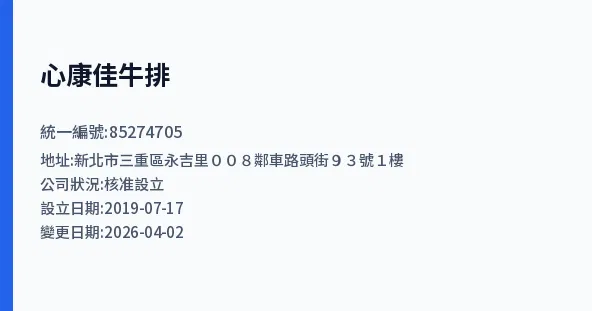 心康佳牛排的照片-統編 85274705(新北市) 公司登記資料與營業項目詳細圖表