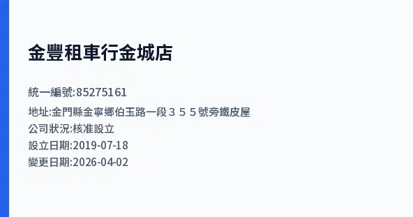 金豐租車行金城店的照片-統編 85275161(金門縣) 公司登記資料與營業項目詳細圖表