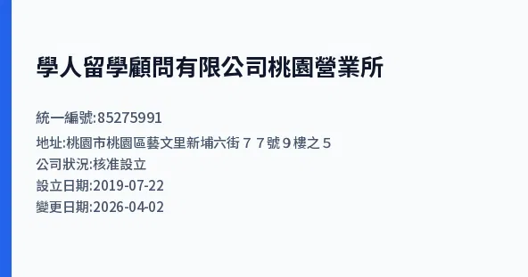 學人留學顧問有限公司桃園營業所的照片-統編 85275991(桃園市) 公司登記資料與營業項目詳細圖表