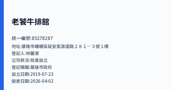 老饕牛排館的照片-統編 85278287(基隆市) 公司登記資料與營業項目詳細圖表