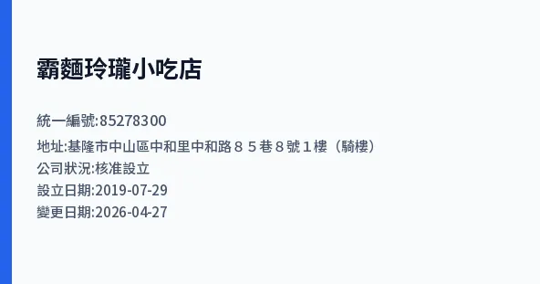 霸麵玲瓏小吃店的照片-統編 85278300(基隆市) 公司登記資料與營業項目詳細圖表