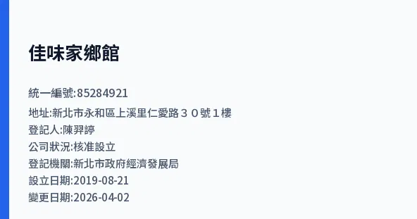 佳味家鄉館的照片-統編 85284921(新北市) 公司登記資料與營業項目詳細圖表