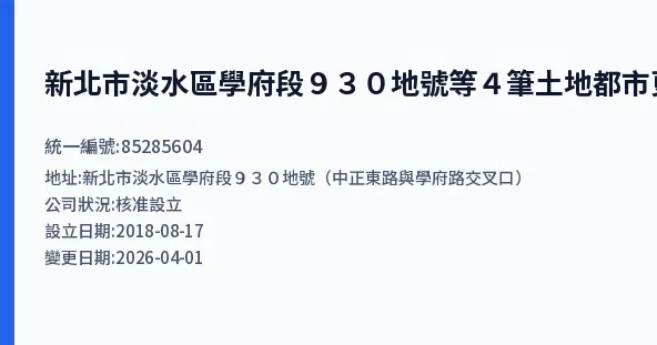 新北市淡水區學府段930地號等4筆土地都市更新會的照片-統編 85285604(新北市) 公司登記資料與營業項目詳細圖表