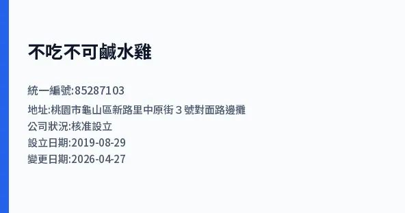 不吃不可鹹水雞的照片-統編 85287103(桃園市) 公司登記資料與營業項目詳細圖表