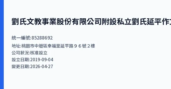 劉氏文教事業股份有限公司附設私立劉氏延平作文文理短期補習班的照片-統編 85288692(桃園市) 公司登記資料與營業項目詳細圖表