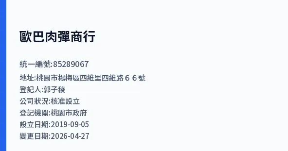 歐巴肉彈商行的照片-統編 85289067(桃園市) 公司登記資料與營業項目詳細圖表