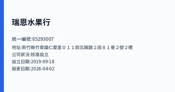 瑞恩水果行的照片-統編 85293007(新竹縣) 公司登記資料與營業項目詳細圖表