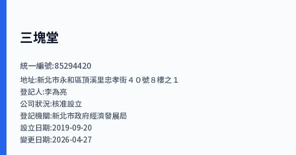 三塊堂的照片-統編 85294420(新北市) 公司登記資料與營業項目詳細圖表